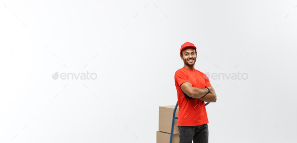 Delivery Concept - Portrait of Handsome African American delivery man ...