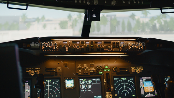 Airplane cockpit windscreen in navigation cabin to fly aircraft Stock ...