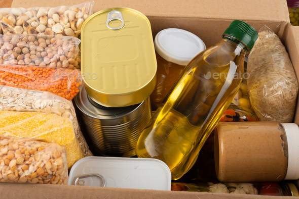 Survival set of nonperishable foods in carton box Stock Photo by Olena ...
