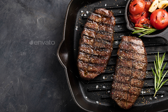 Closeup ready to eat steak Top Blade beef breeds of black Angus with ...