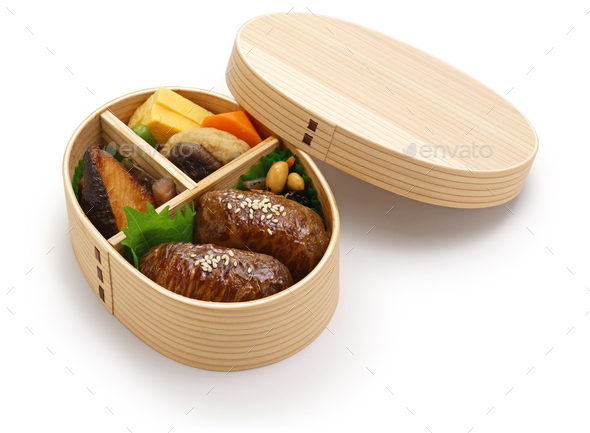 beef wrapped rice balls bento box, Japanese food Stock Photo by motghnit
