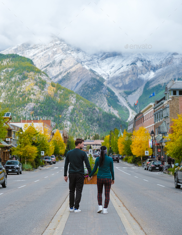Banff village in Banff national park Canada Canadian rockies during ...