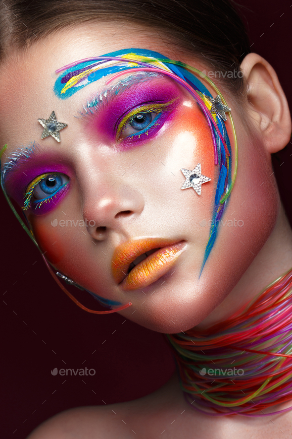 Beautiful girl with creative make-up in pop art style. Beauty face ...