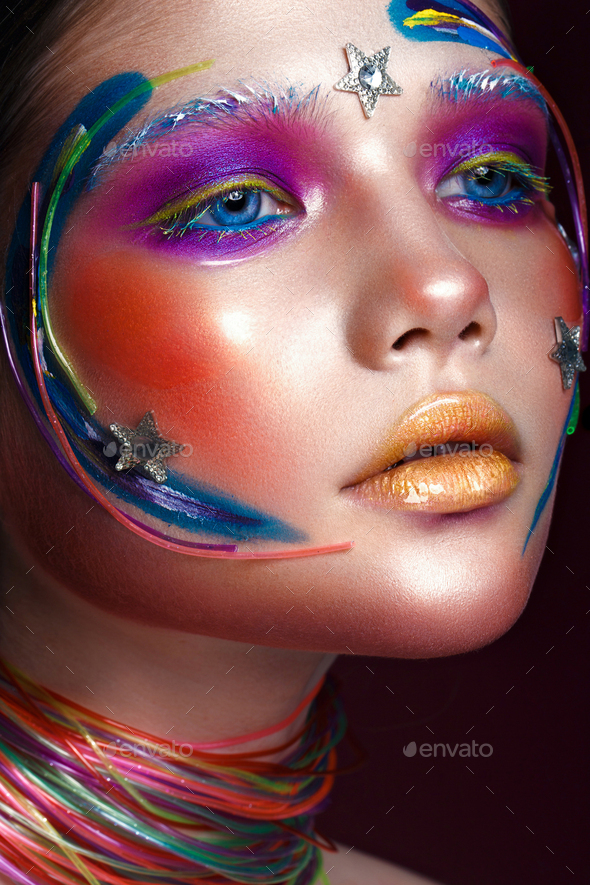 Beautiful girl with creative make-up in pop art style. Beauty face ...