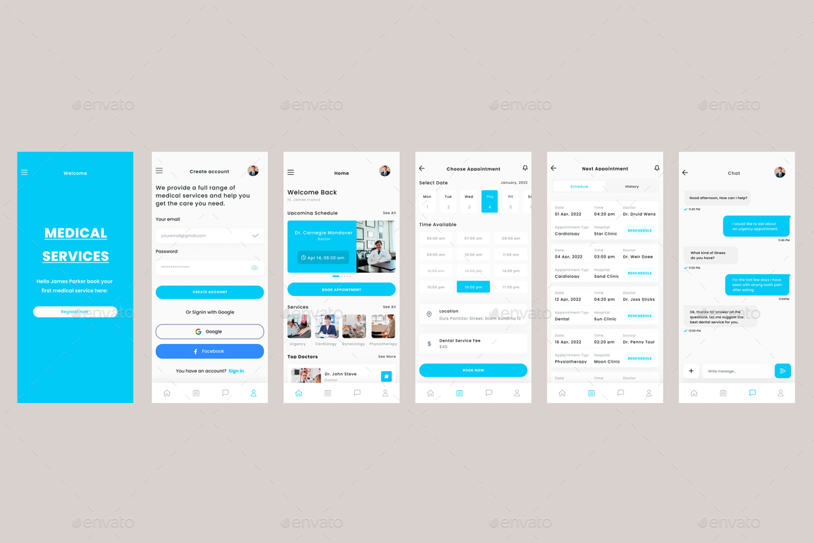 Medical, Hospital & Doctor Appointment App UI Kit, Web Elements ...