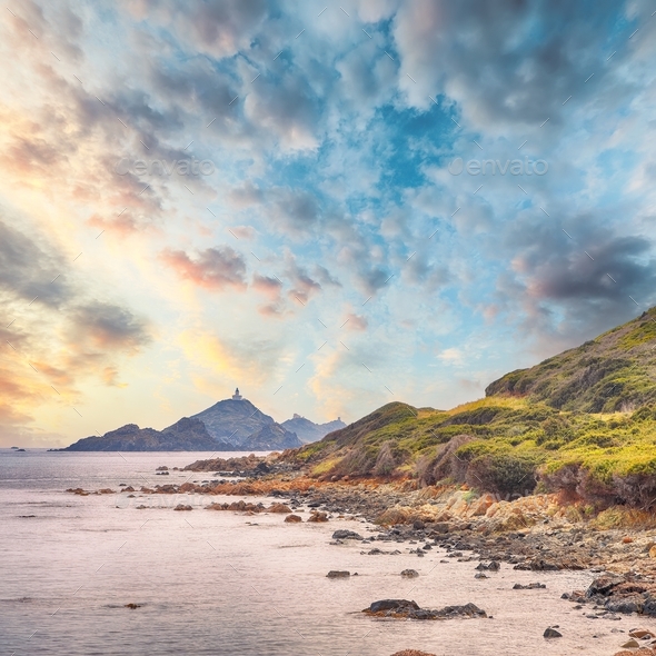 Sunset over popular tourist destination Torra di a Parata with Genoese ...
