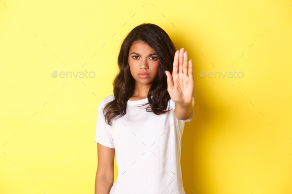 Image of confident and serious african-american woman, telling no ...