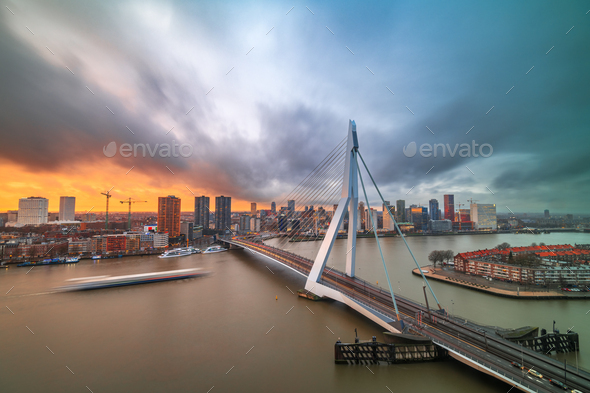 Rotterdam, Netherlands, City Skyline Over the River Stock Photo by ...