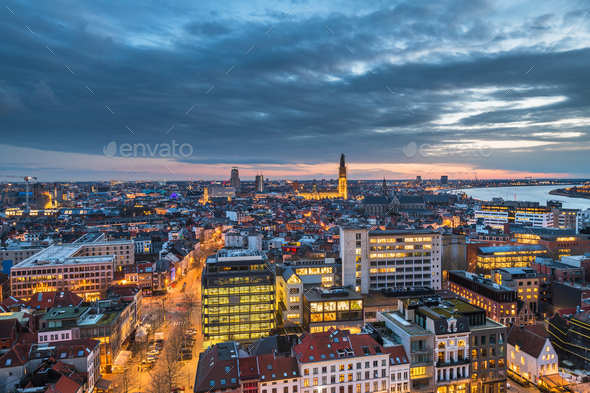 Antwerp, Belgium cityscape from above at twilight. Stock Photo by ...