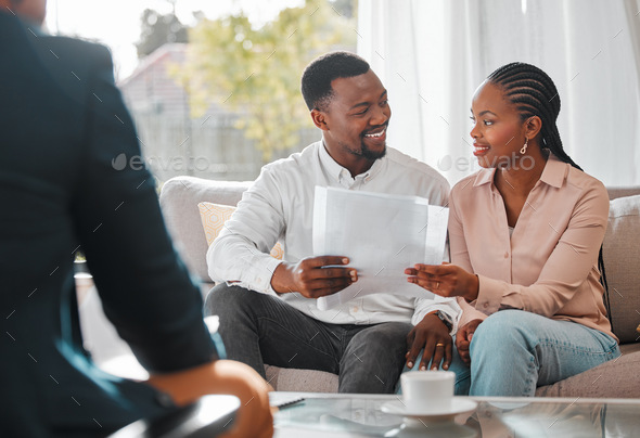 Shot of a young couple meeting with their home insurance agent Stock ...