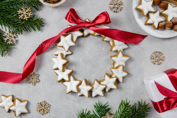 Christmas traditional German wreath cookies, cinnamon stars with ...