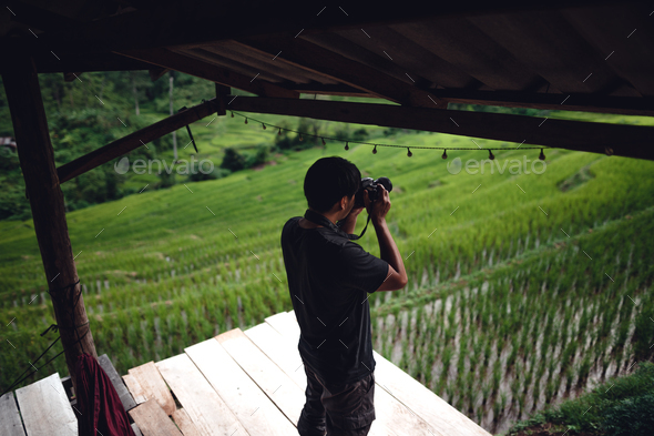 Rice field vacation, people at huts and rice terraces Stock Photo by ...