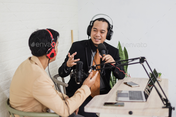 Radio host interview businessman at podcast studio Stock Photo by ...