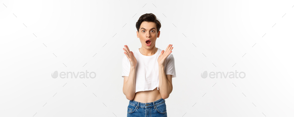 Lgbtq and pride concept. Image of surprised queer guy clap hands and ...