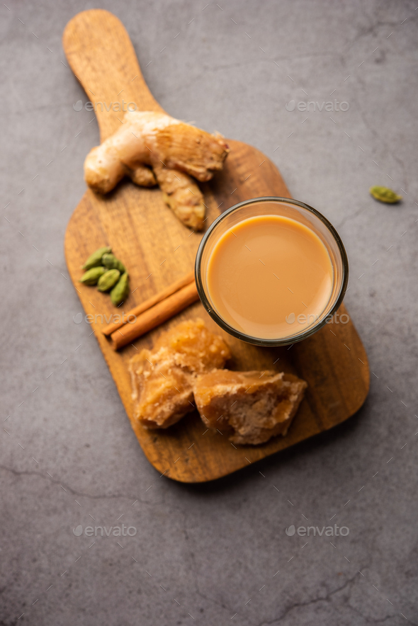 Jaggery tea or Gur ki chai with ingredients like gud, ginger or adrak ...