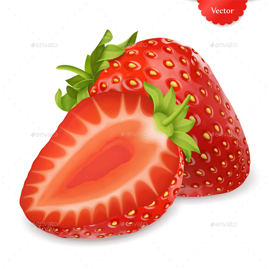 Whole and Slice of Strawberry Realistic 3d Vector Illustration, Vectors