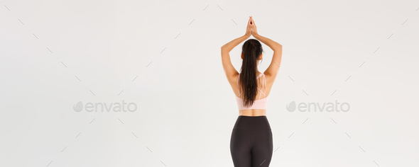 Sport, gym and healthy body concept. Full length rear view of slim ...