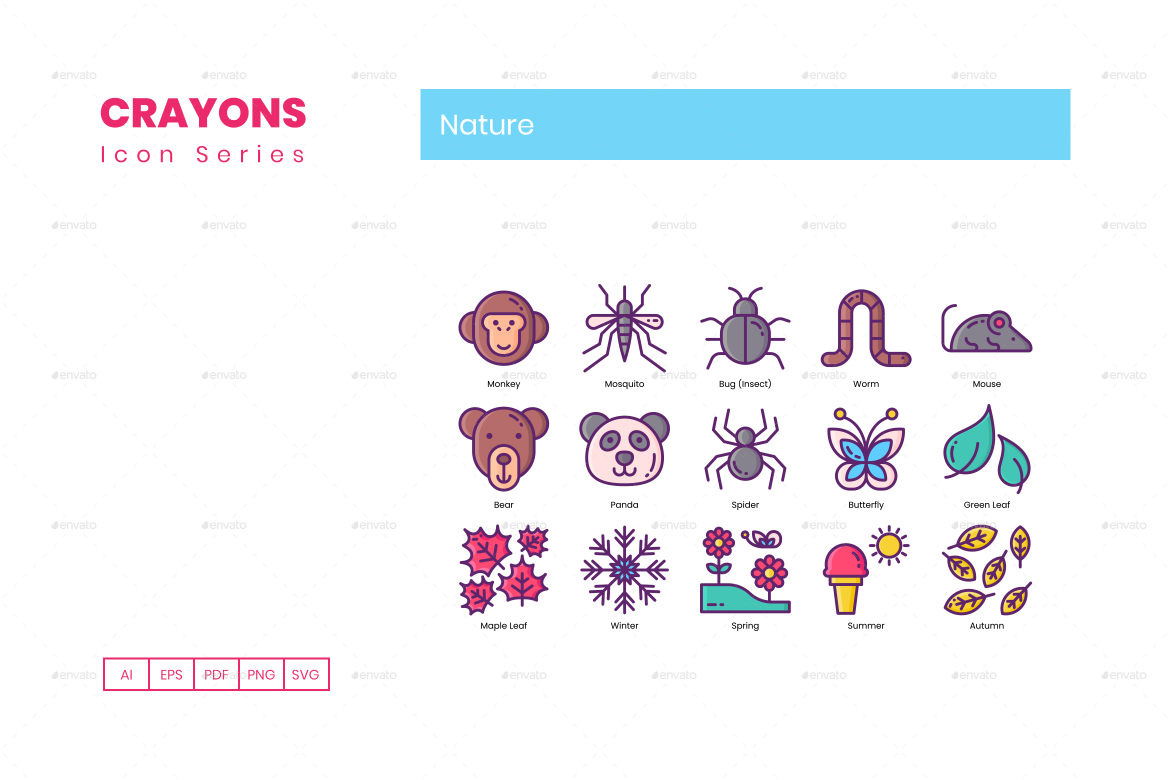 90 Nature Icons | Crayons Series by Krafted | GraphicRiver