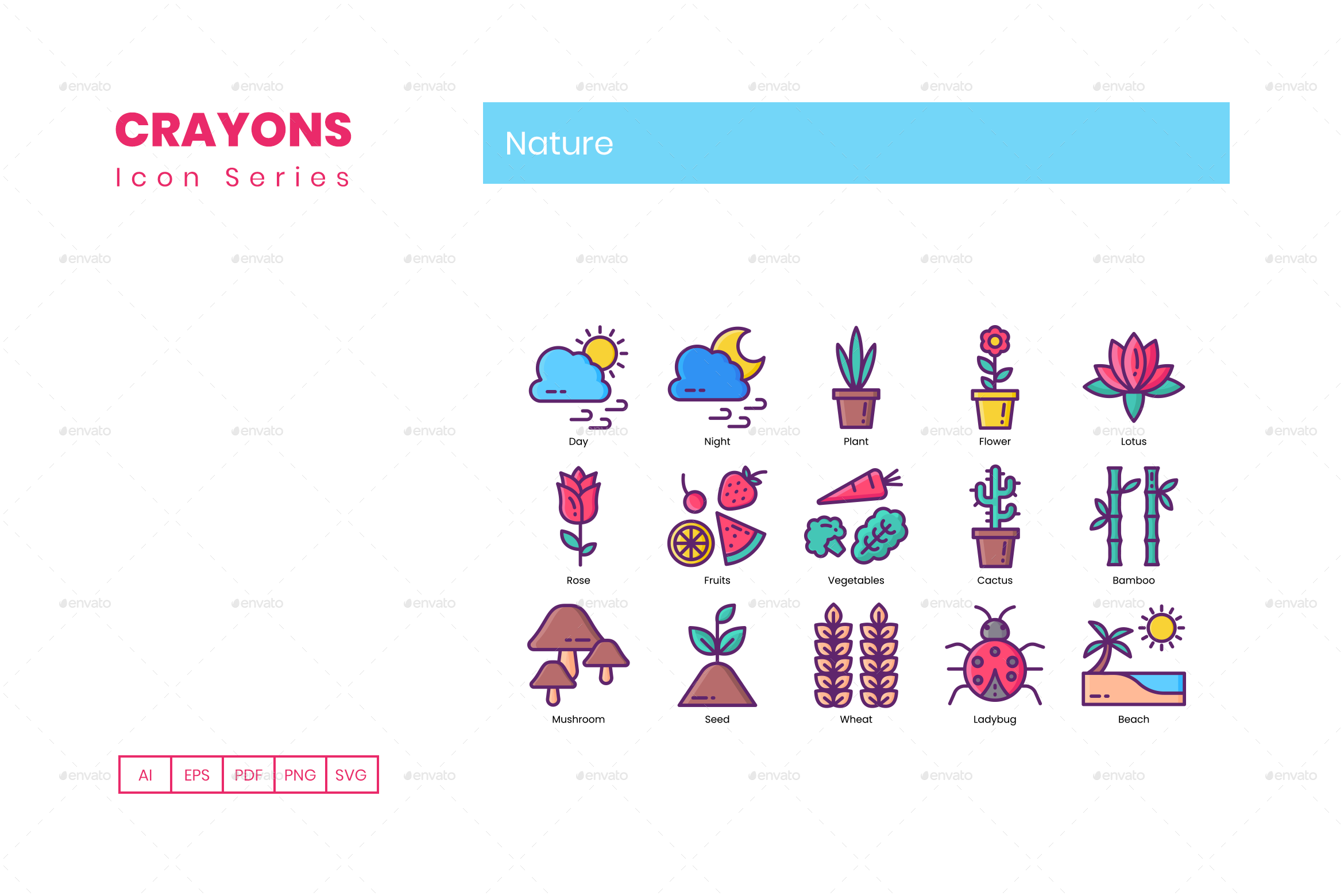 90 Nature Icons | Crayons Series by Krafted | GraphicRiver
