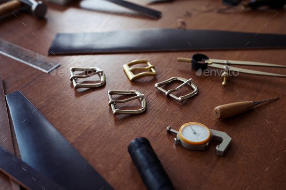 Tools And Buckles For Handmade Leather Designs Stock Photo by ...