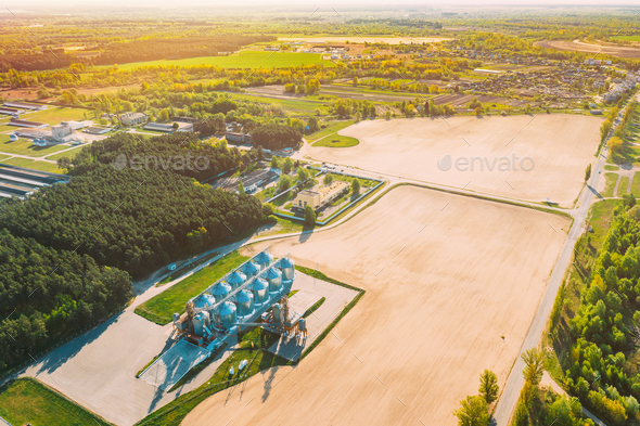 Elevated Top View Modern Granary, Grain-drying Complex Stock Photo by ...