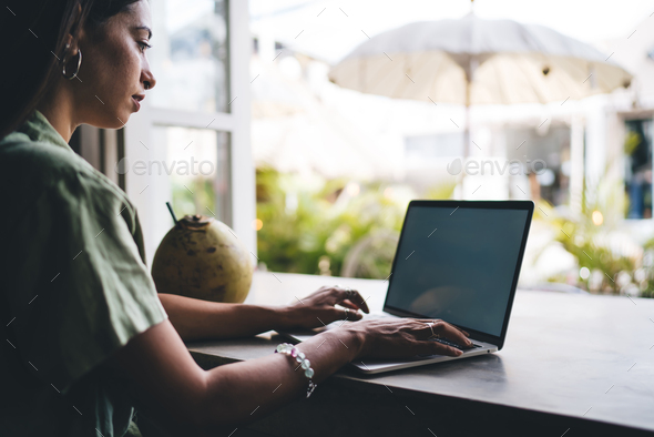 Student learning on webinar, mock up blank screen for advertising Stock ...