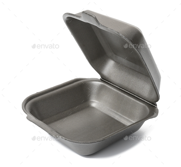Open gray plastic container with a lid for food on a white isolated ...