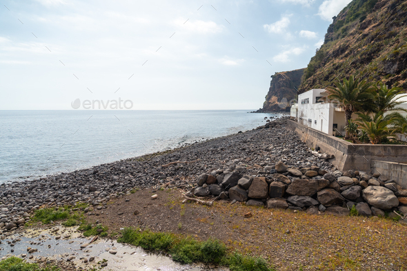 Praia da Calheta in summer, beautiful coastline and cliffs, Madeira ...