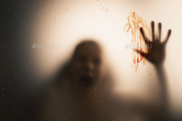 Shadowy figure, child behind glass with blood - horror background Stock ...