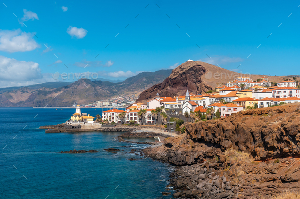 Coastal village of Canical in Madeira. Fishing port, Machico near Ponta ...