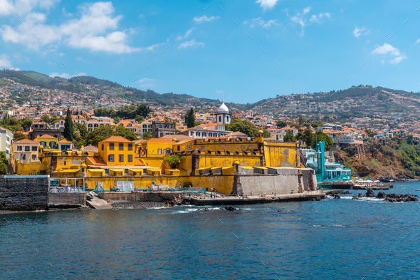 View of the seaside fort of Forte de Sao Tiago on Funchal beach in ...