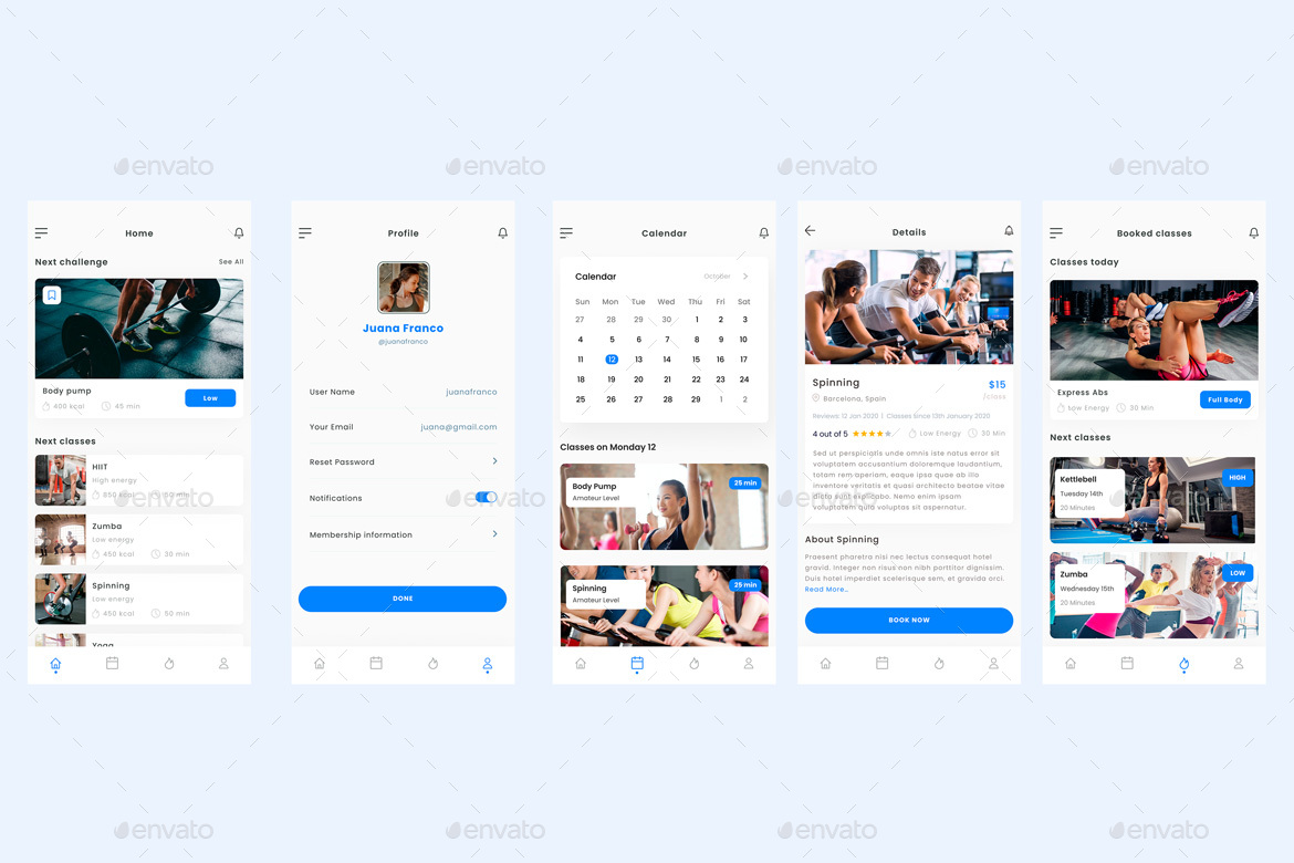 Fitness, Gym, exercise & Workout Blue App Ui Kit by Nagaredesignstudio