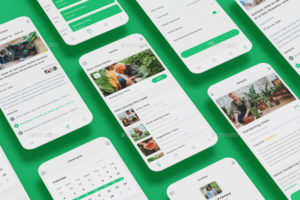 Gardening & horticulture School Green App UI Kit, Web Elements ...