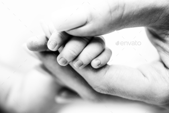 Close-up of a baby's small hand with tiny fingers and arm of mother ...