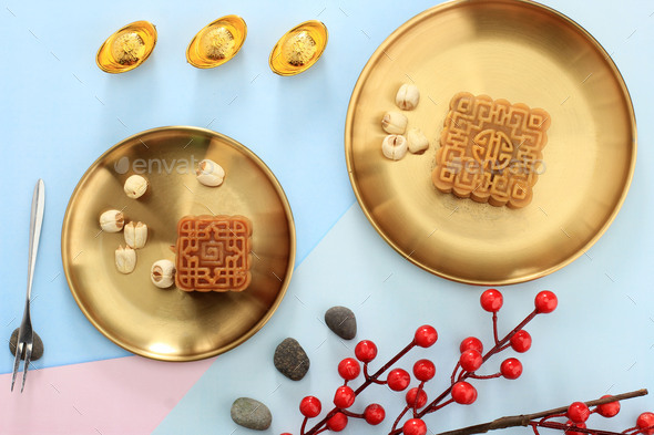 Mooncake Yuebing Mid Autumn Festival Cake, Top View Stock Photo by ...