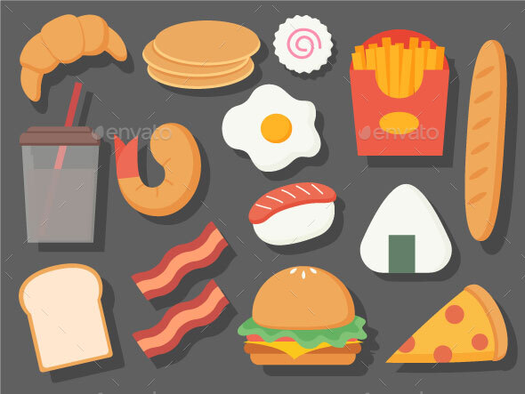 Set of colorful cartoon food. Fast food, Vectors | GraphicRiver