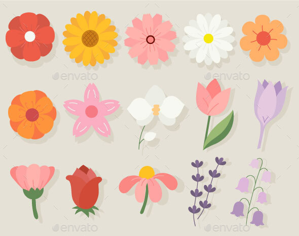 Set of Colorful Cartoon Flowers on A Light Brown Background, Vectors