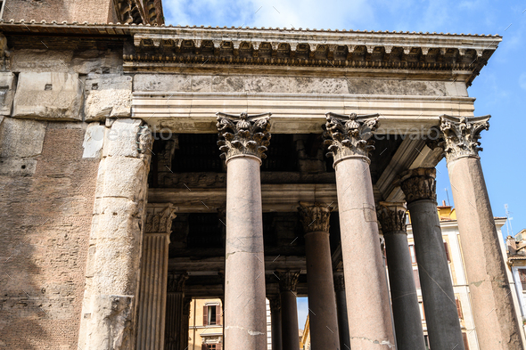 Horizontal view of Roman column details on Pantheon of Agrippa facade ...
