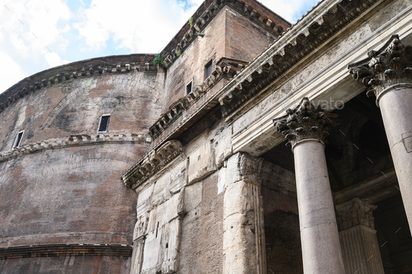 Horizontal view of Roman column details on Pantheon of Agrippa facade ...