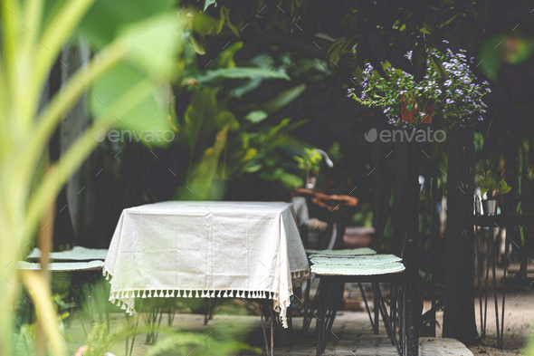 empty coffee cafe table with wood chair in green garden, wooden nature ...