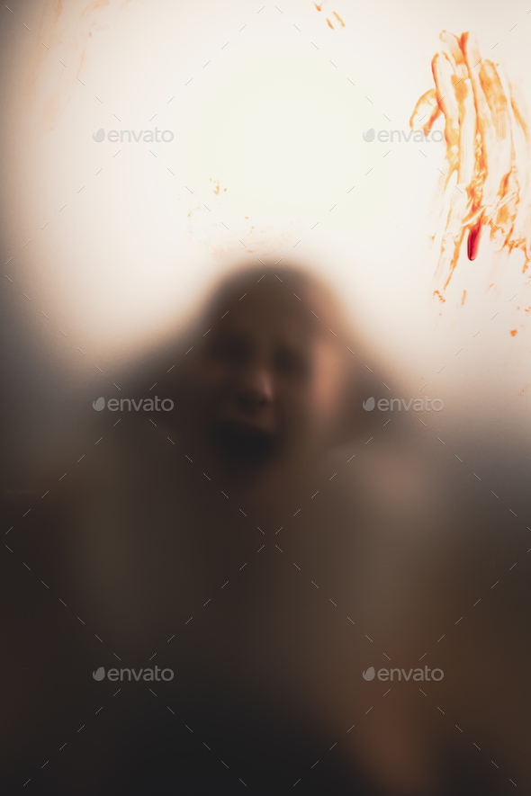 Shadowy figure, child behind glass with blood - horror background Stock ...
