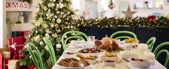 Table At Home Set For Christmas Lunch With Roast Turkey And Vegetables ...