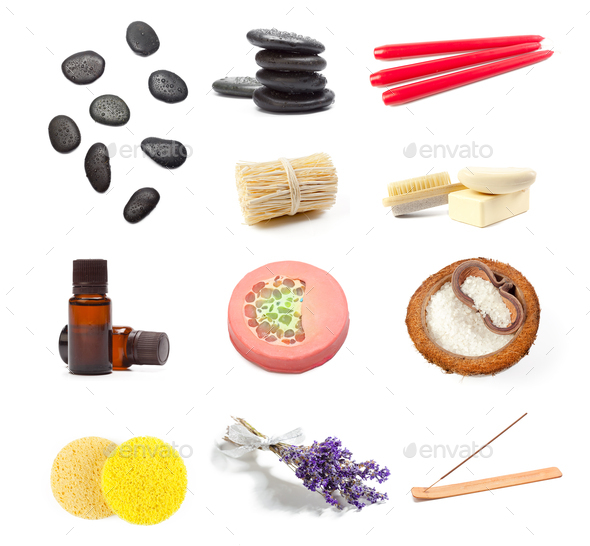 Collage of cosmetic product objects isolated on white background Stock ...