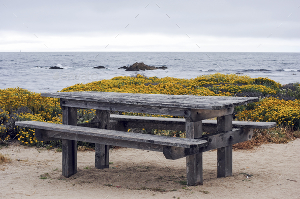 Wooden table and bench near the ocean at Pebble Beach, California Stock ...