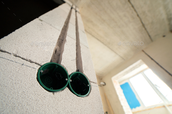 New electrical wiring installation, plastic boxes for electrical cables ...
