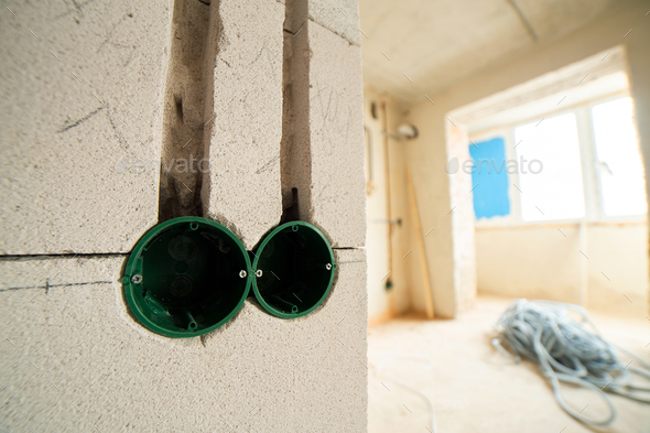 New electrical wiring installation, plastic boxes for electrical cables ...