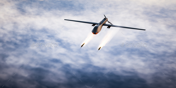 Military combat drone UAV launching missiles Stock Photo by photocreo