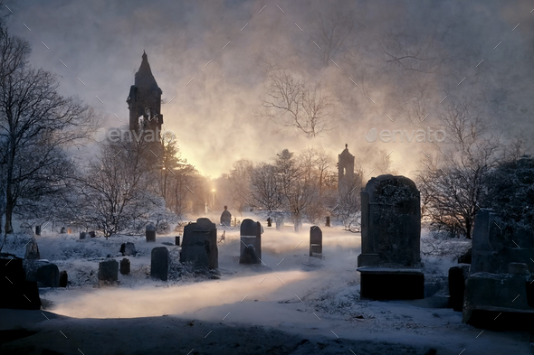Cemetery covered by snow in winter. Dramatic sky background. Stock ...