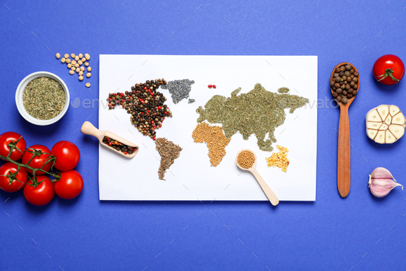 Map of world made from different cooking ingredients Stock Photo by ...