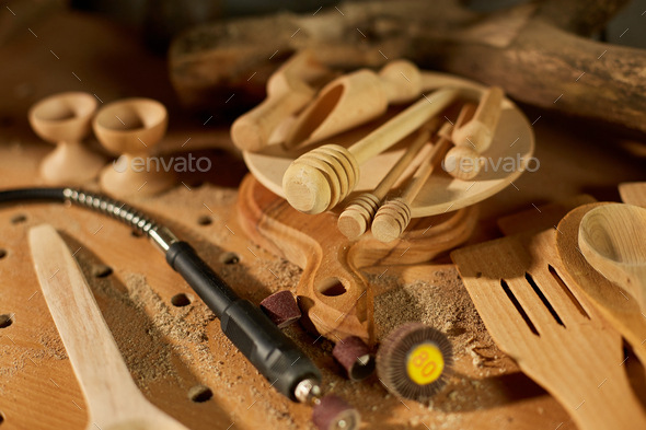 Workplace with power working tools graver for wooden utensils spoon ...
